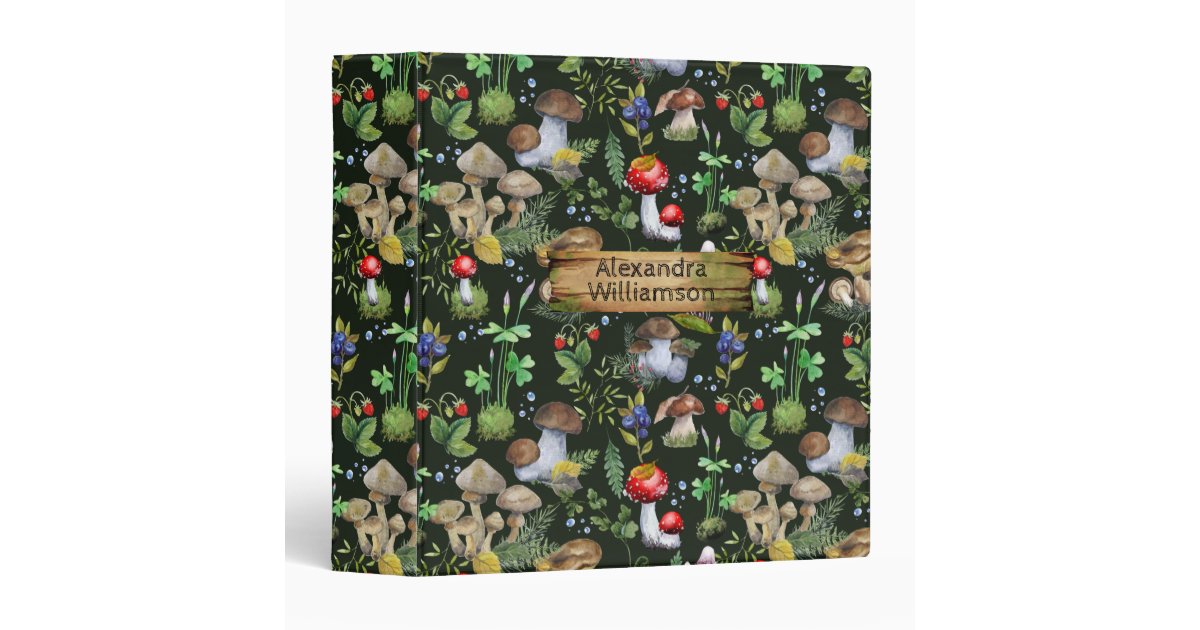 Woodland Forest Mushrooms Berries Plants Moss Text 3 Ring Binder | Zazzle