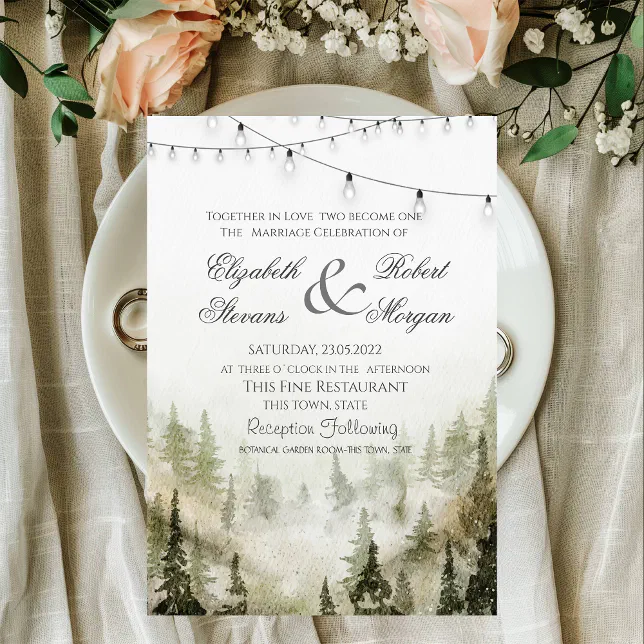 Woodland,Forest,Pine Trees,String Lights Wedding Invitation | Zazzle