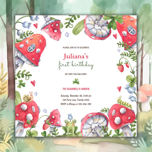 Woodland Forest Watercolor Mushroom Birthday Party Invitation | Zazzle