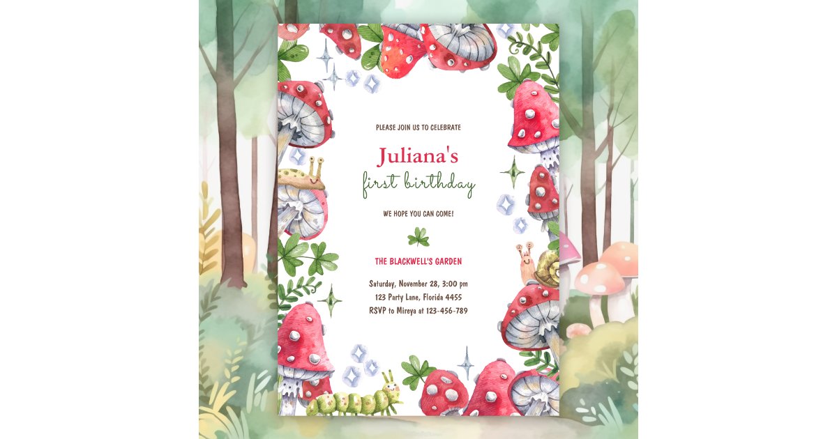 Woodland Forest Watercolor Mushroom Birthday Party Invitation | Zazzle