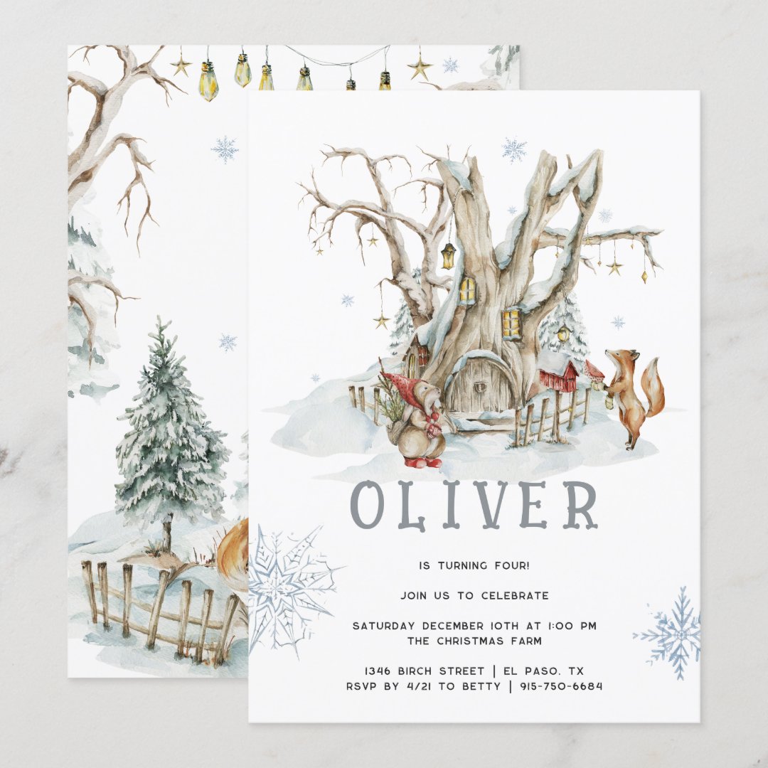 Woodland Forest Winter | Christmas Birthday Party Invitation | Zazzle