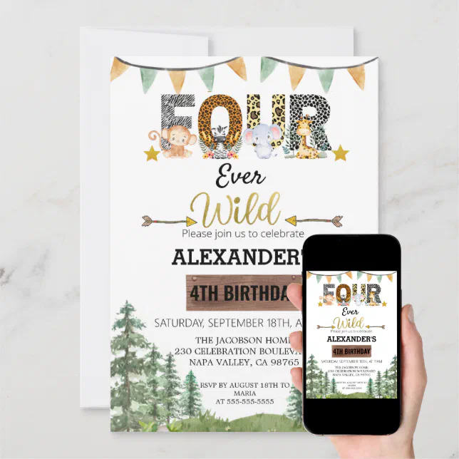 Woodland Four Ever Wild Birthday Invitation | Zazzle