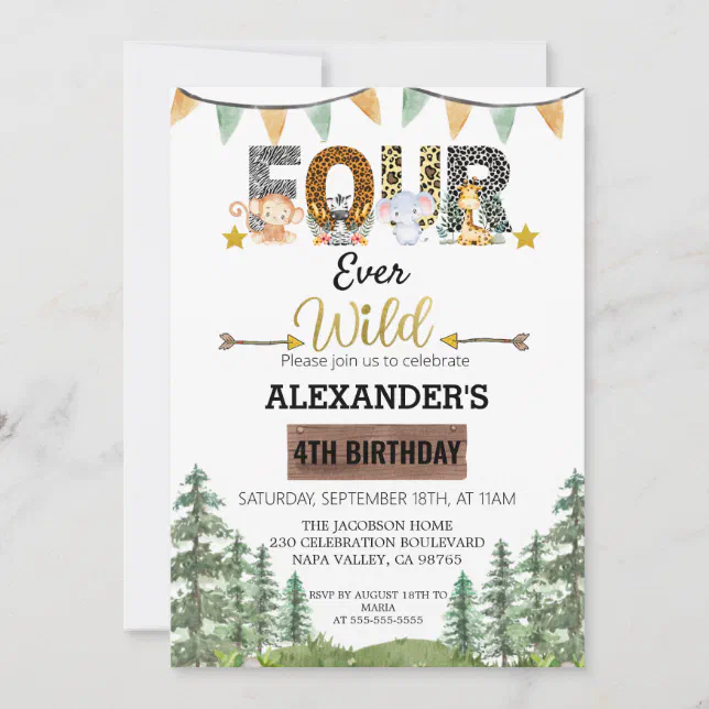 Woodland Four Ever Wild Birthday Invitation | Zazzle