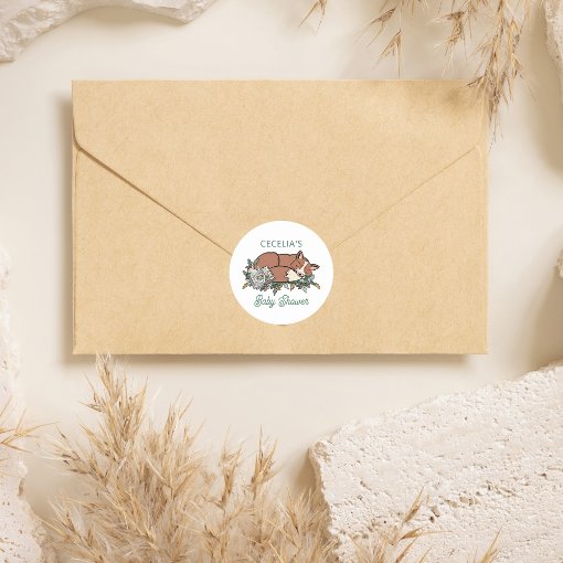Woodland Fox Baby Shower Envelope Classic Round Sticker | Zazzle