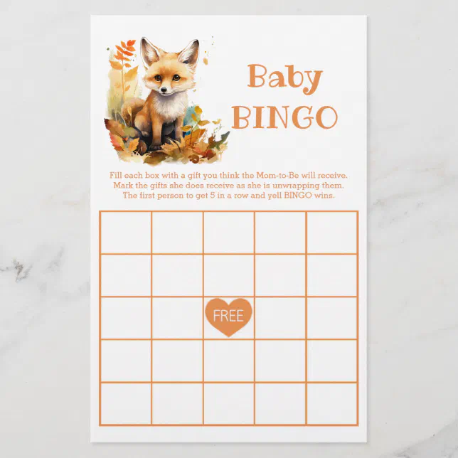 Woodland Fox Cute BINGO Baby Shower Game | Zazzle
