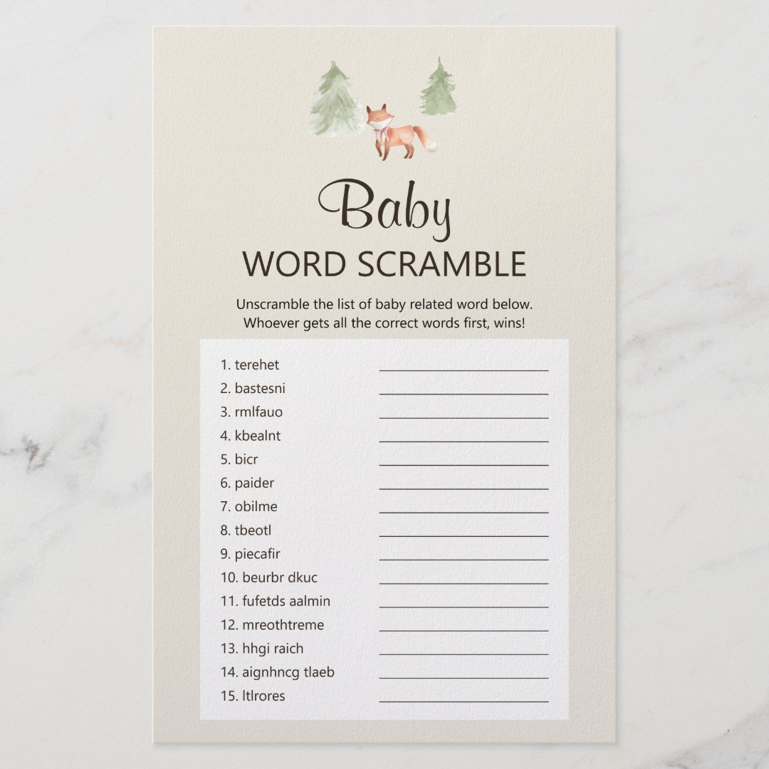 Woodland Fox Girl Shower Baby Word Scramble Game Flyer | Zazzle