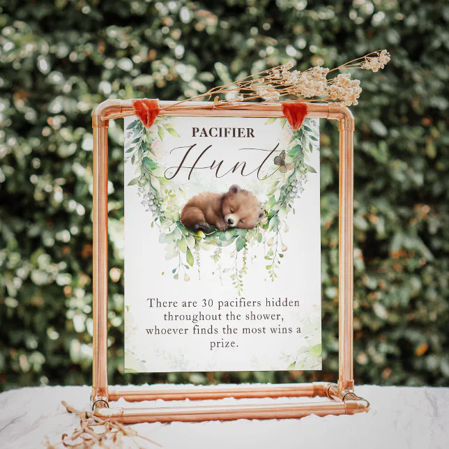 Woodland Greenery Baby Shower Pacifier Hunt Game Poster | Zazzle