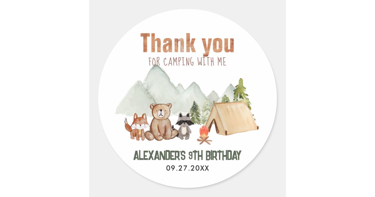 Woodland Happy Camper Camping Birthday Thank You Classic Round Sticker ...