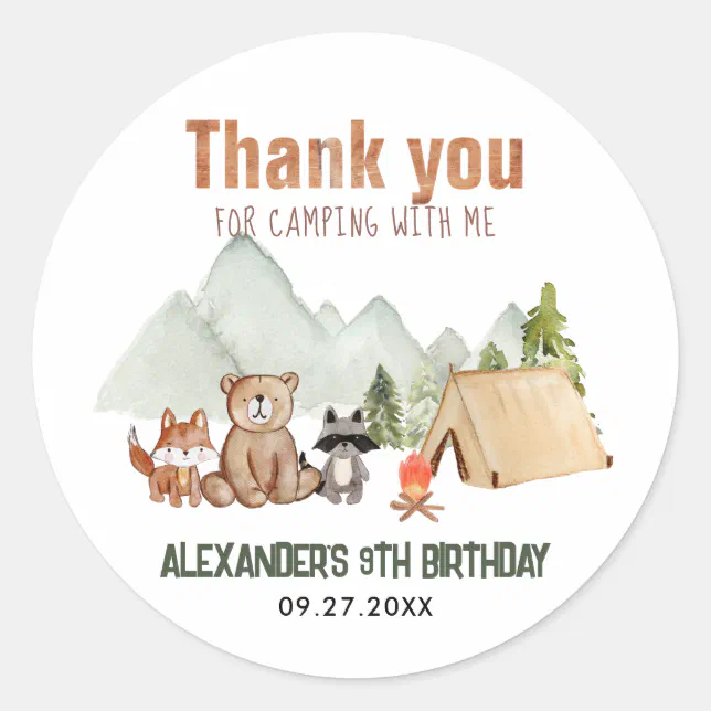 Woodland Happy Camper Camping Birthday Thank You Classic Round Sticker ...
