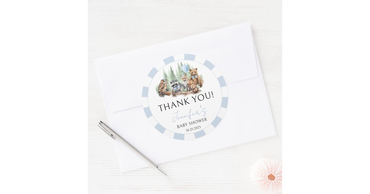 Woodland light blue forest baby boy shower classic round sticker | Zazzle