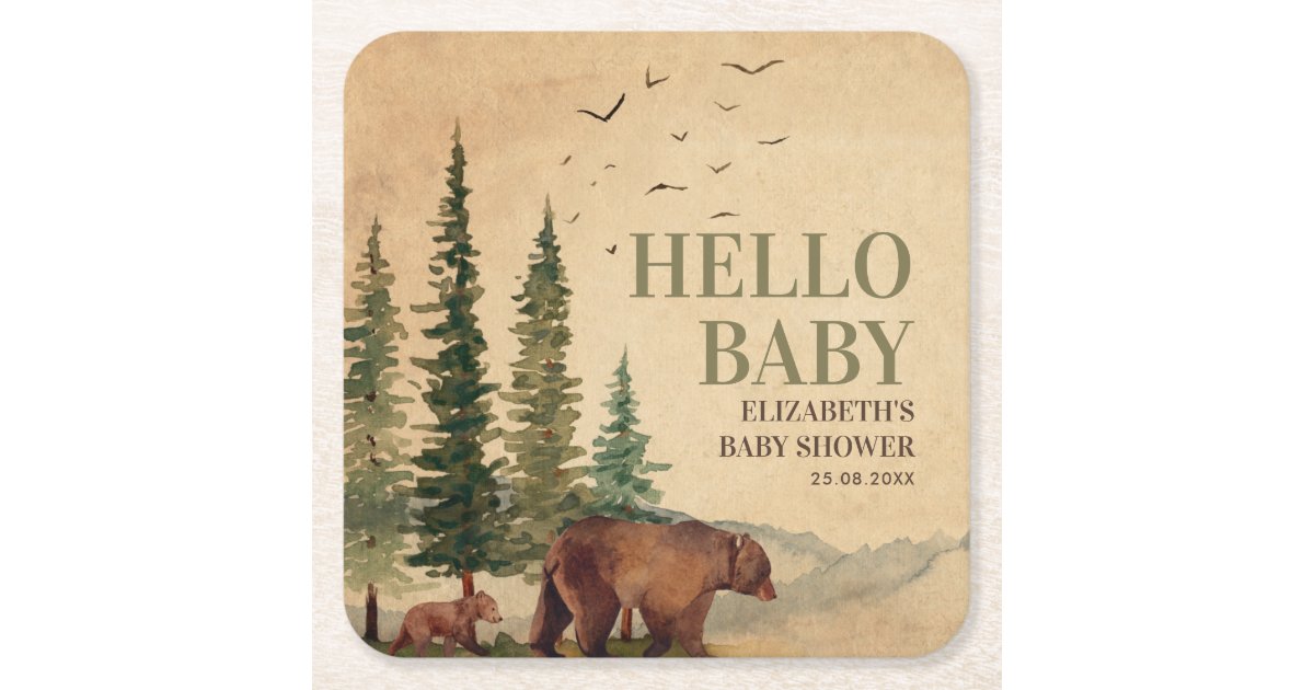 Woodland Mama Bear & Cub Baby Shower Square Paper Coaster | Zazzle