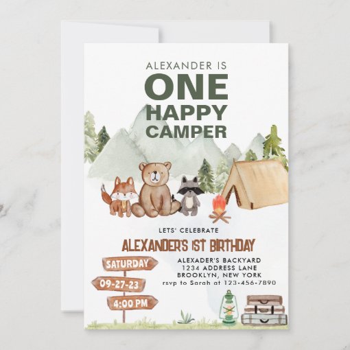 Woodland One Happy Camper Camping Kids Birthday Invitation | Zazzle