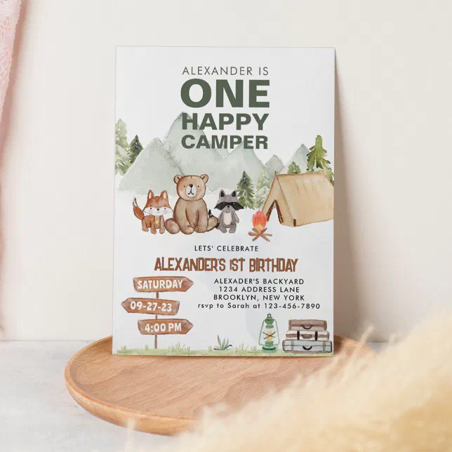 Woodland One Happy Camper Camping Kids Birthday Invitation | Zazzle
