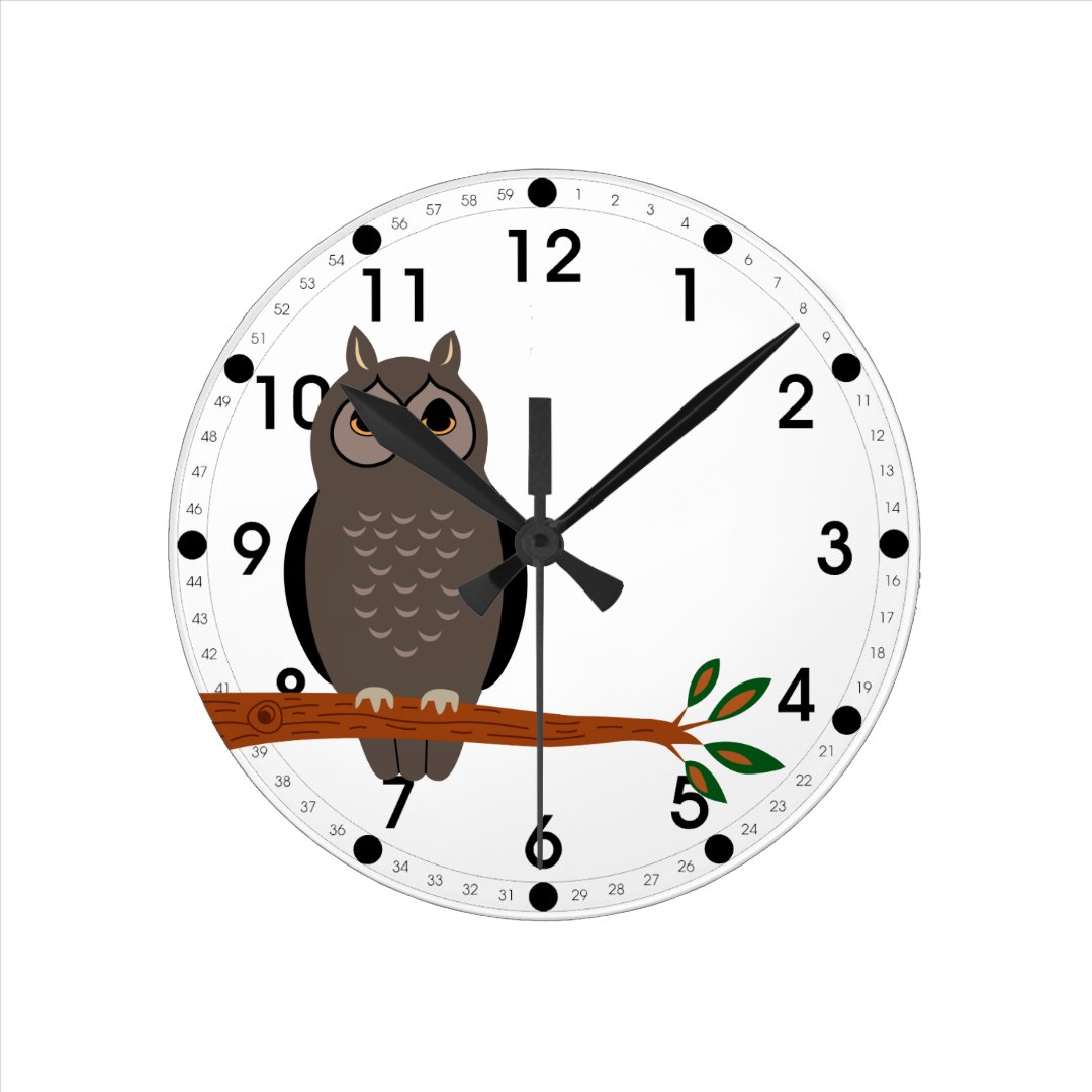 Woodland owl on branch clock Forest Animals | Zazzle