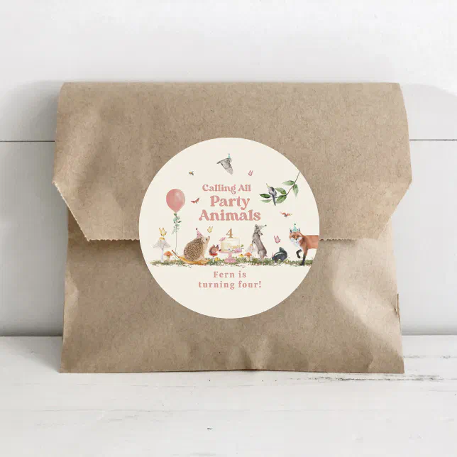 Woodland Party Animals Pink Birthday Party Classic Round Sticker | Zazzle