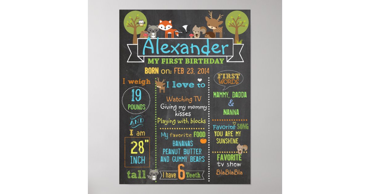 Woodland Party first birthday sign poster | Zazzle