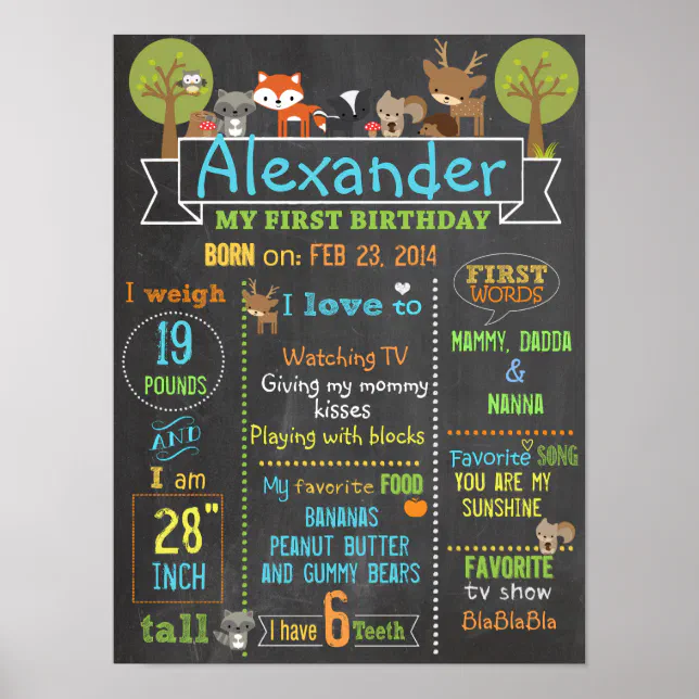 Woodland Party first birthday sign poster | Zazzle