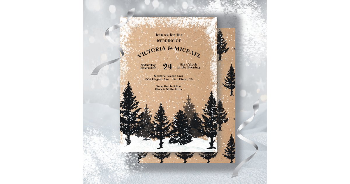 Woodland Pine Trees Snowy Winter Wedding Invitation | Zazzle