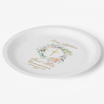 Woodland Rose Garland First Holy Communion Paper Plates | Zazzle