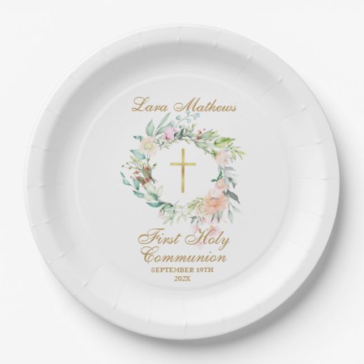 Woodland Rose Garland First Holy Communion Paper Plates | Zazzle