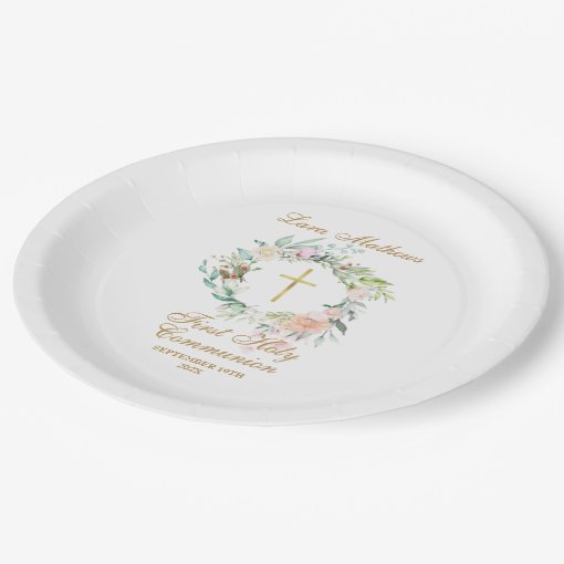 Woodland Rose Garland First Holy Communion Paper Plates | Zazzle