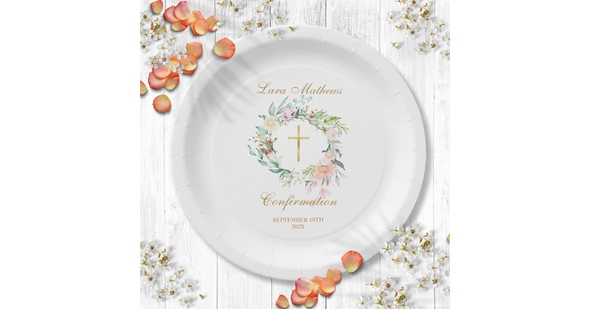 Woodland Rose Garland Gold Confirmation Paper Plates | Zazzle