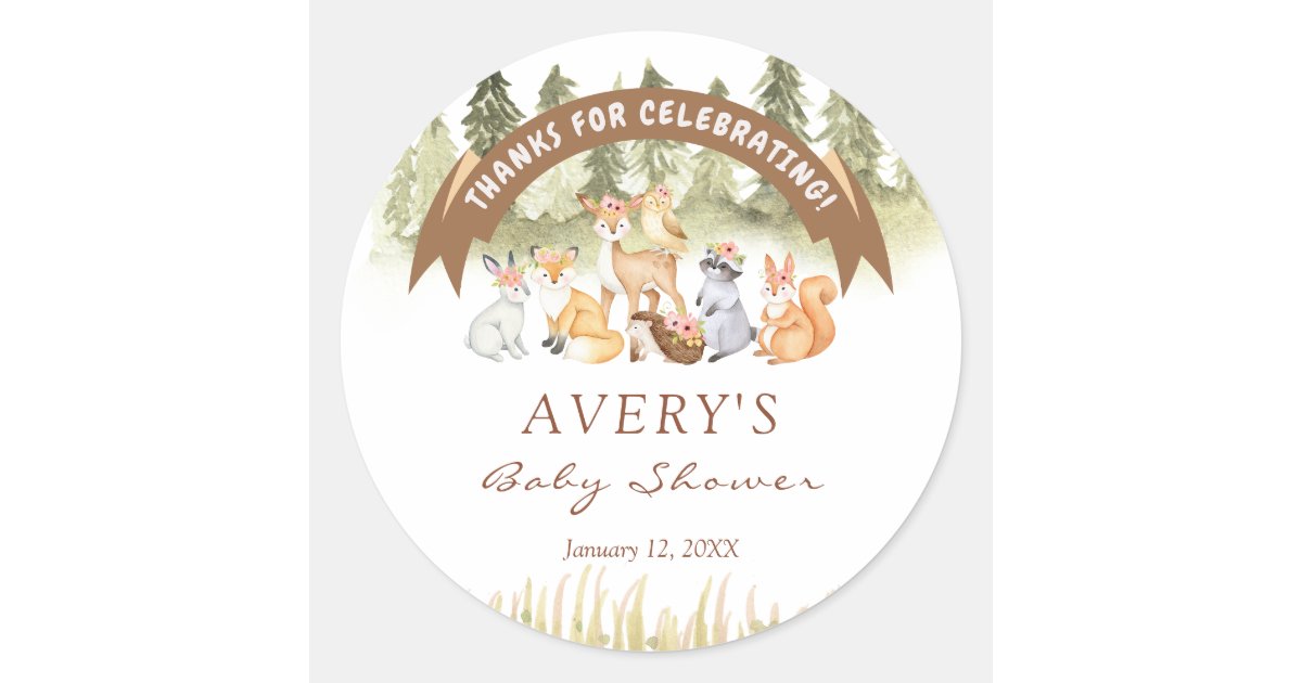 Woodland Safari Animals Baby Shower Classic Round Sticker | Zazzle