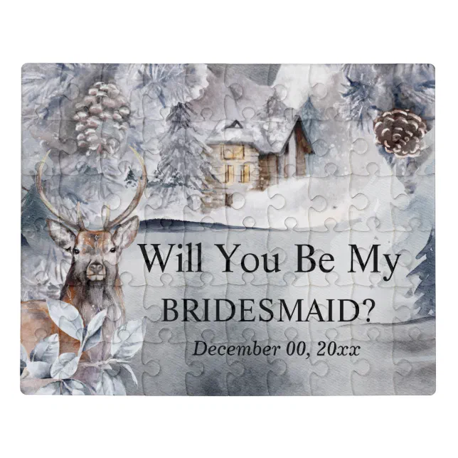 Woodland stag snow cabin country forest bridesmaid jigsaw puzzle | Zazzle