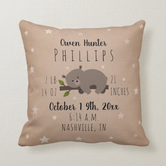 Woodland Stars Bear Cub Birth Stats Nursery Throw Pillow | Zazzle.com