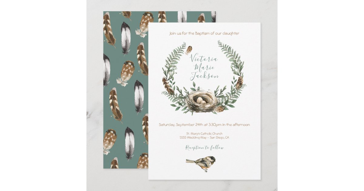 Woodland Watercolor bird's nest feather baptism Invitation | Zazzle