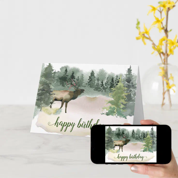 Woodland Watercolor Forest Elk Birthday Card | Zazzle