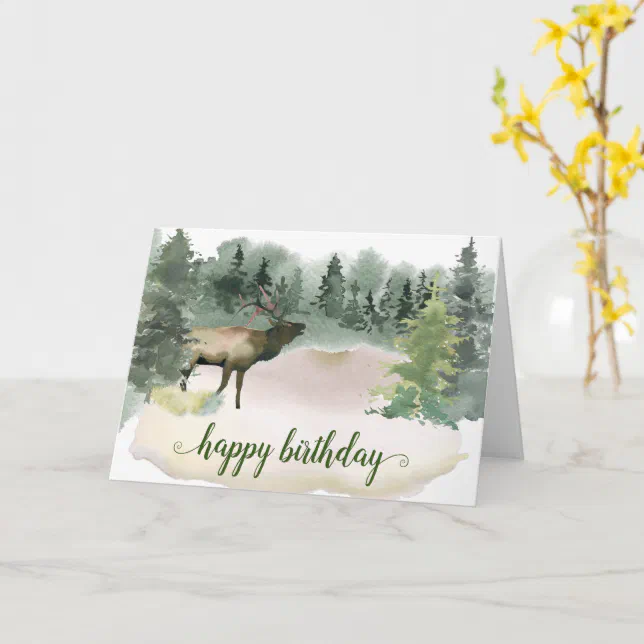 Woodland Watercolor Forest Elk Birthday Card | Zazzle