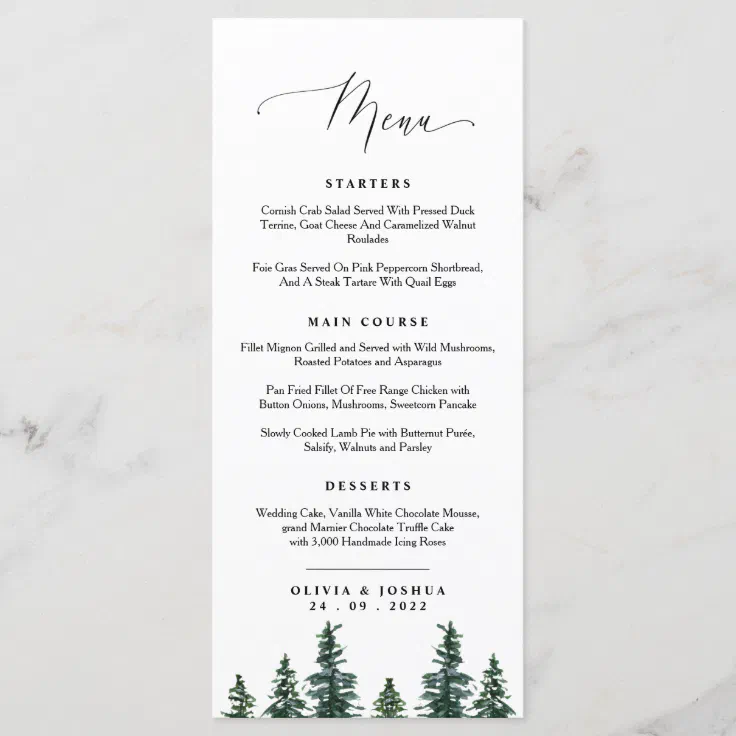 Woodland Wedding Menu, Pine Trees Menu | Zazzle