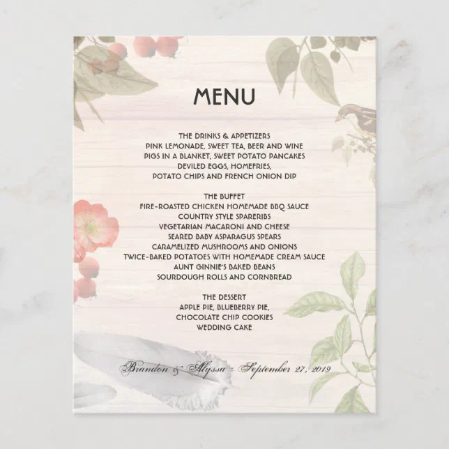 Woodland Wedding Theme Nature Menu Template | Zazzle