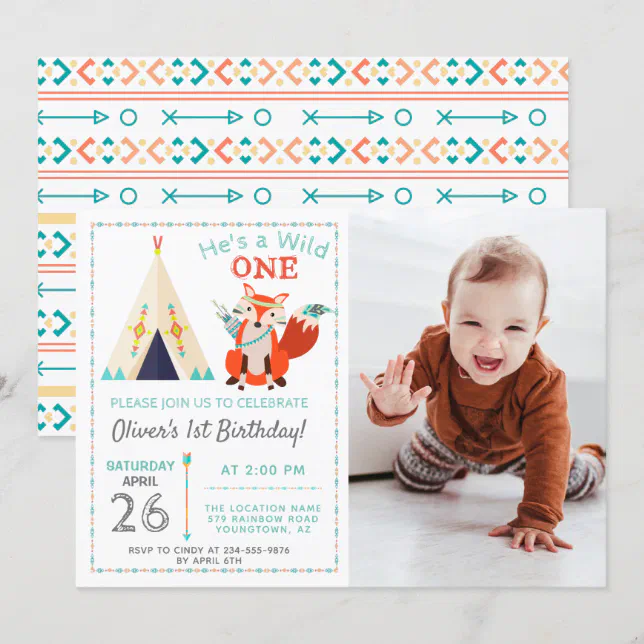Woodland Wild One Fox Boho Boy 1st Birthday Photo Invitation | Zazzle