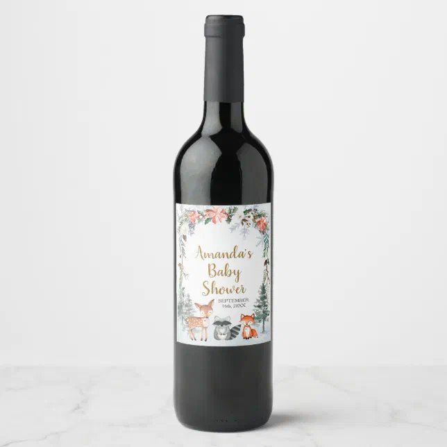 Woodland Winter Animal Forest Bridal Shower Wine Label | Zazzle