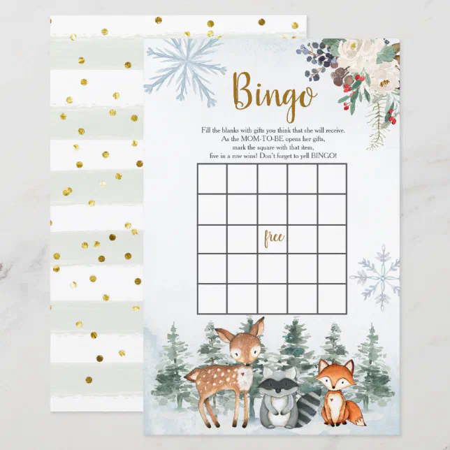 Woodland Winter Baby Shower Forest Animal Bingo | Zazzle