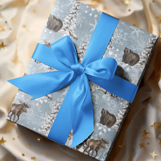 Woodland Winter Moose Christmas Tree Snowflake Wrapping Paper | Zazzle