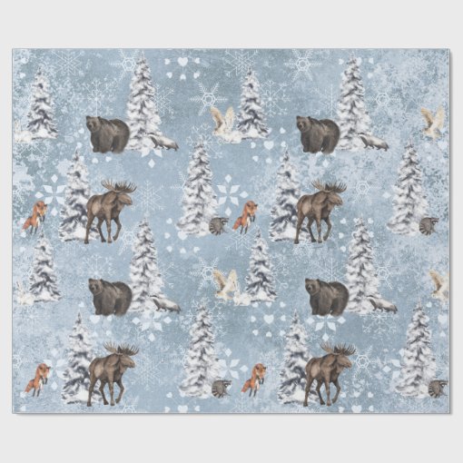 Woodland Winter Moose Christmas Tree Snowflake Wrapping Paper | Zazzle