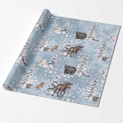 Woodland Winter Moose Christmas Tree Snowflake Wrapping Paper | Zazzle