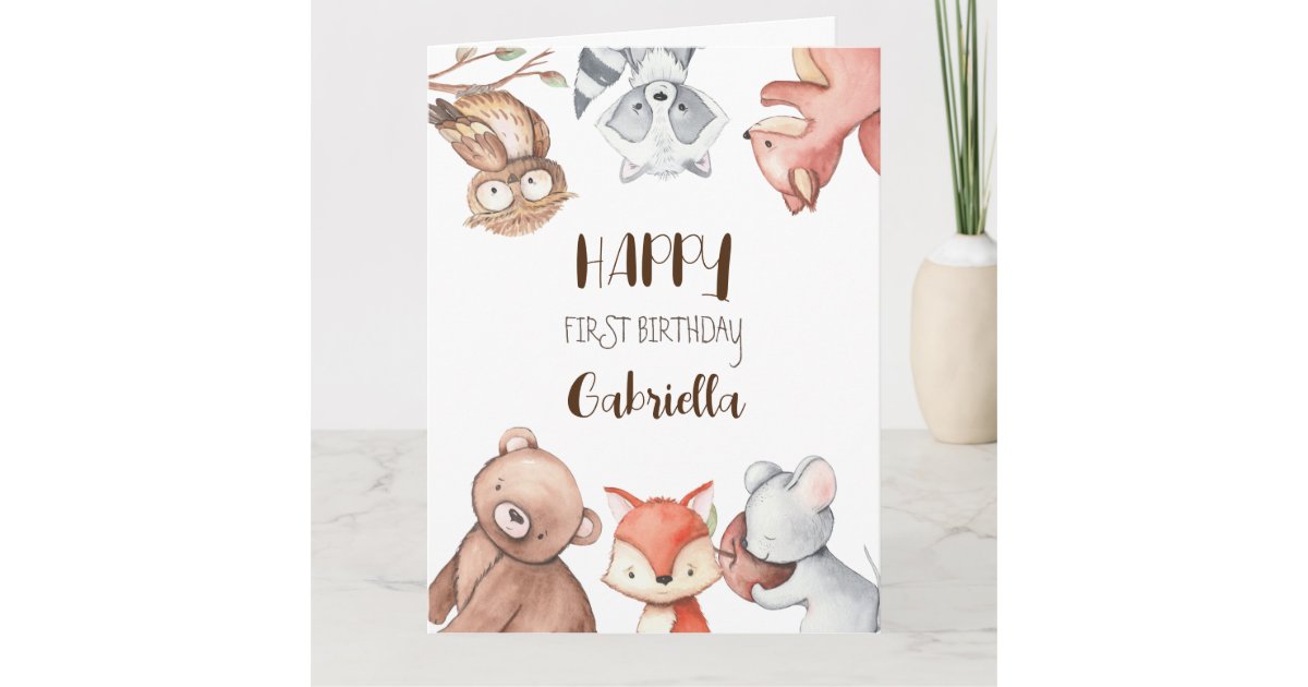 Woodlands forest animals birthday personalized card | Zazzle