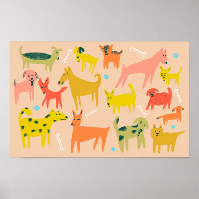 Woof! Colorful Funny Dogs Illustration Poster | Zazzle