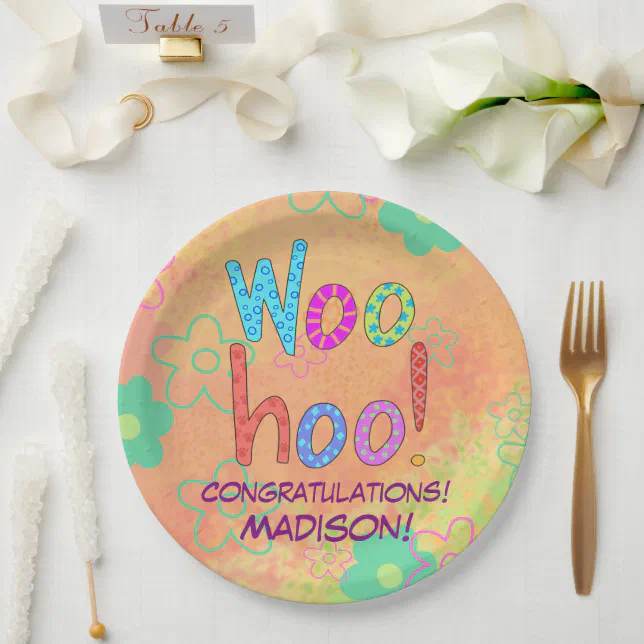 Woohoo Word Art Name Personalized Congratulations Paper Plates | Zazzle
