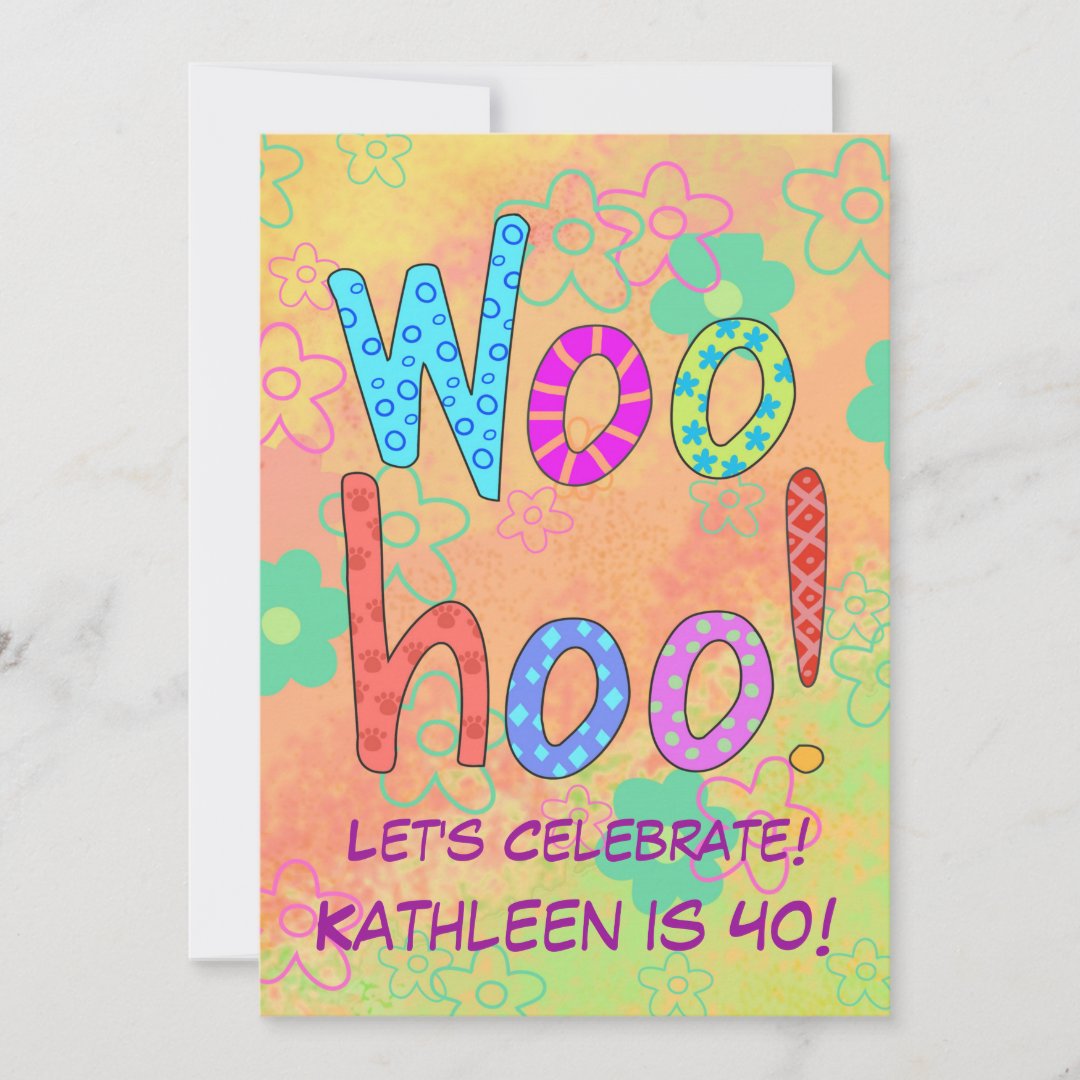 WooHoo Word Art Orange 40th Birthday Invitation | Zazzle