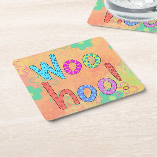 WooHoo Word Tex Art Graphic Orange Square Paper Coaster | Zazzle