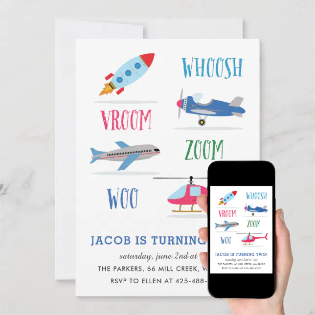 Woosh Vroom Woo Space Rocket Kid's birthday party Invitation | Zazzle