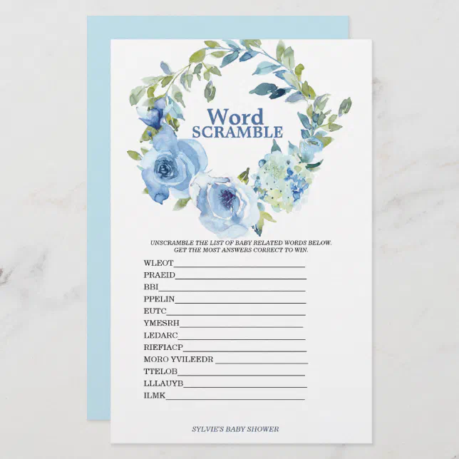 Word Scramble Blue Boy Baby Shower Game | Zazzle