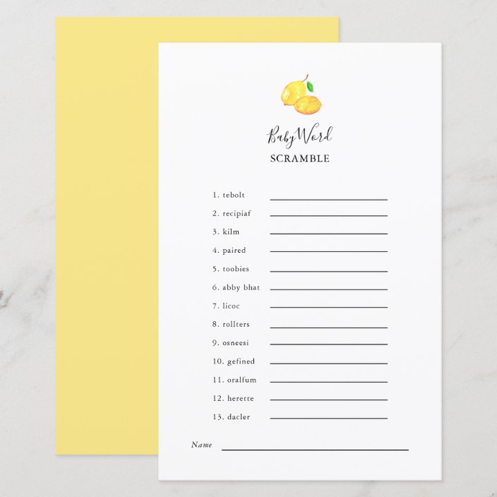 Word Scramble Lemon Baby Shower Game Elegant | Zazzle.com