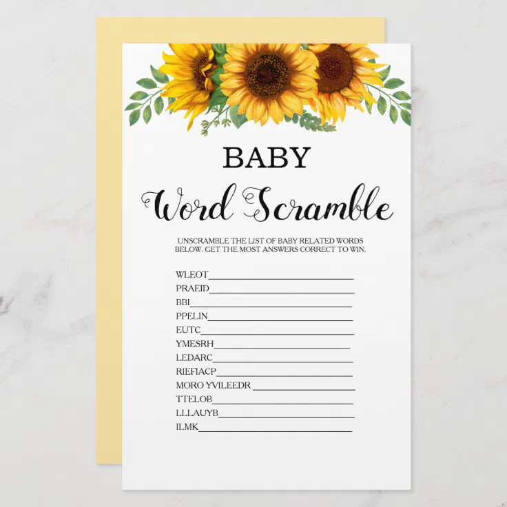 Word Scramble Sunflower Baby Shower Game | Zazzle