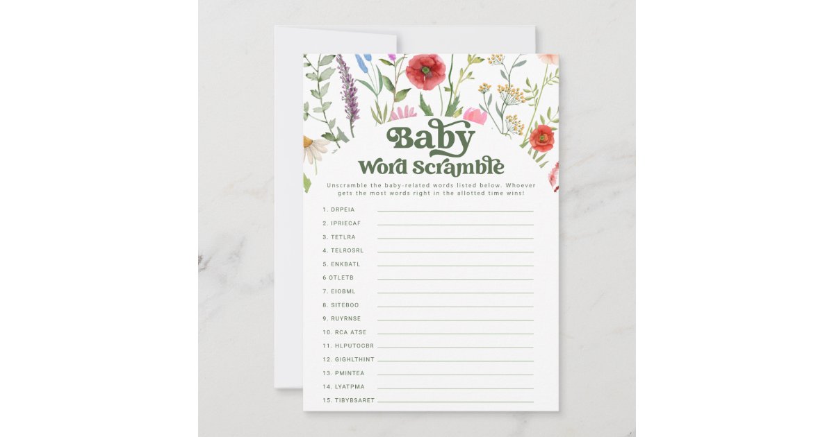 Word Scramble Wildflower Baby Shower Game Card | Zazzle